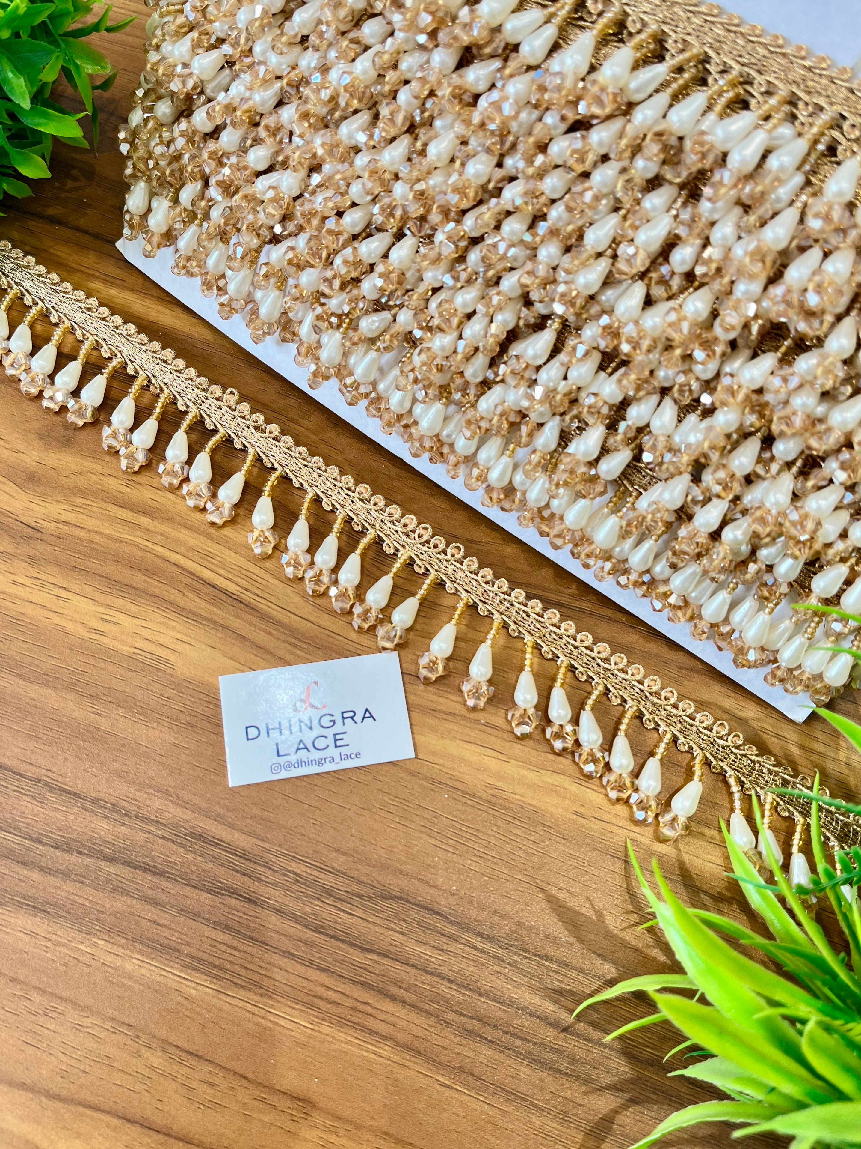 Beautiful Pearl And Crystal Work Hanging Lace 3 Yards (2.7 Meters) 241 ...