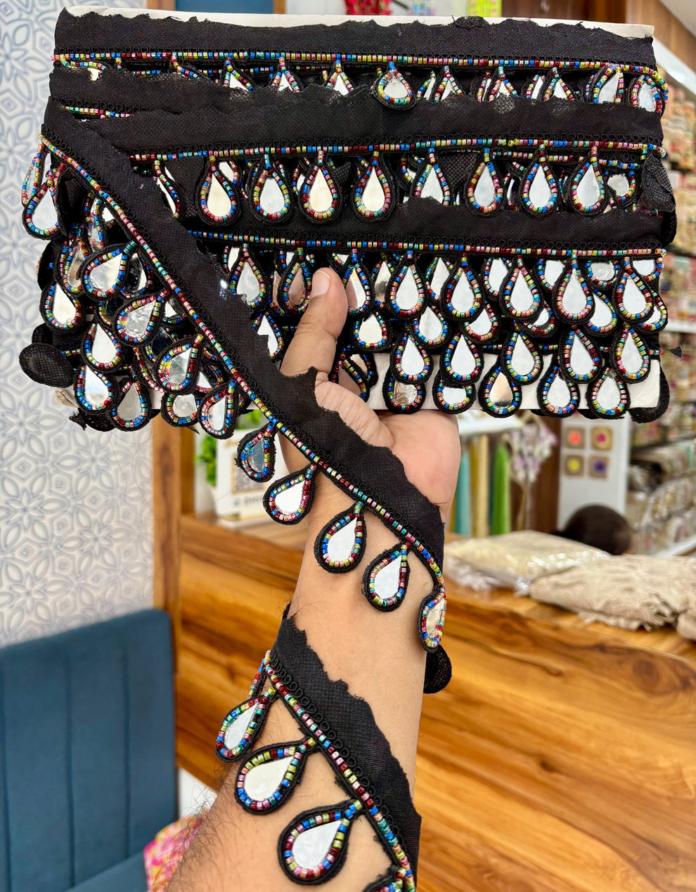 Beautiful Mirror Work Hanging Lace Black Multi 060925 – Dhingra Lace